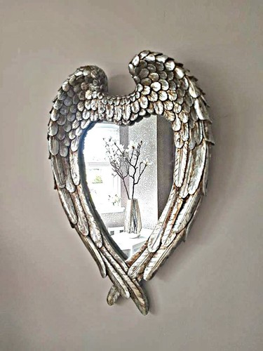 Distressed Silver Mirror Feathered Angel Wings Round Heart Home Decor ...