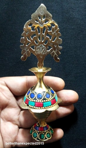 VINTAGE ISLAMIC ARABIC KOHL STICK BRASS STONE ART BOTTLE JAR EYELINER ...