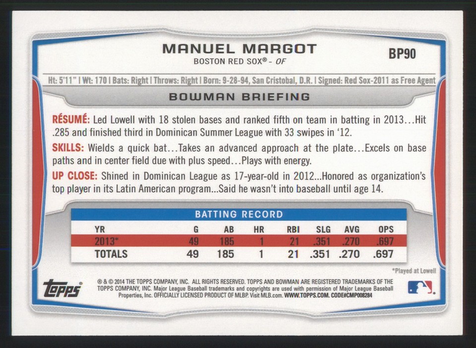 2014 Bowman #BP90 Manuel Margot Prospects Purple Boston Red Sox | eBay