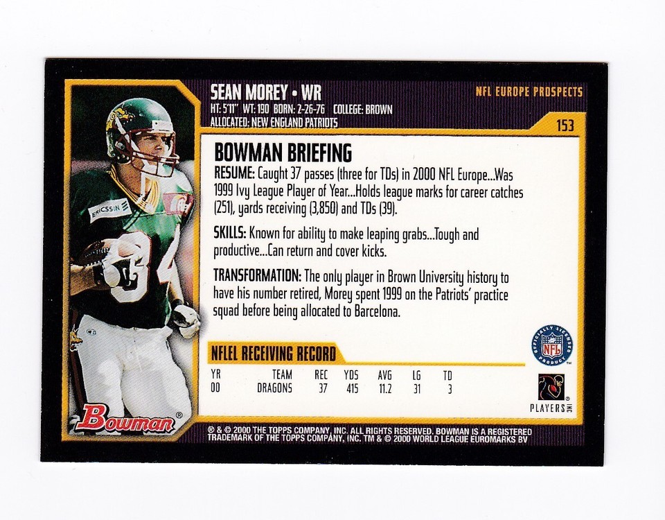 2000 Bowman #153 Sean Morey EP RC Brown Patriots Eagles Steelers | eBay