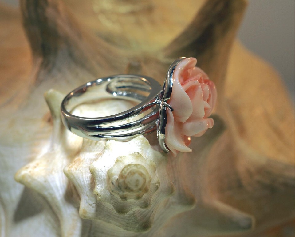 SOLID 14K WHITE GOLD XLARGE HAND CARVED PACIFIC PINK CORAL ROSE FLOWER ...