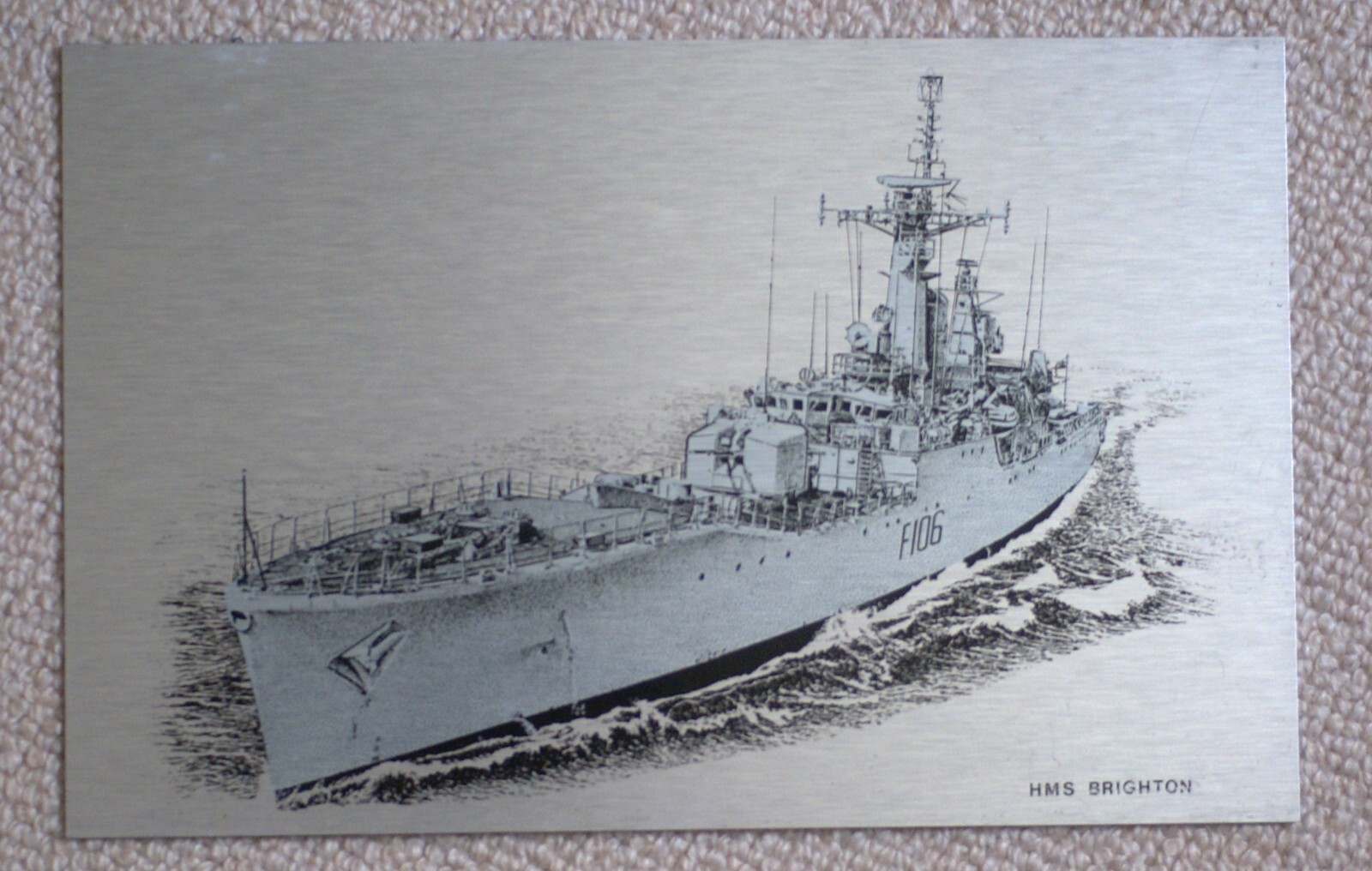 Etched/printed ship's picture on brushed aluminum, Royal Navy HMS ...