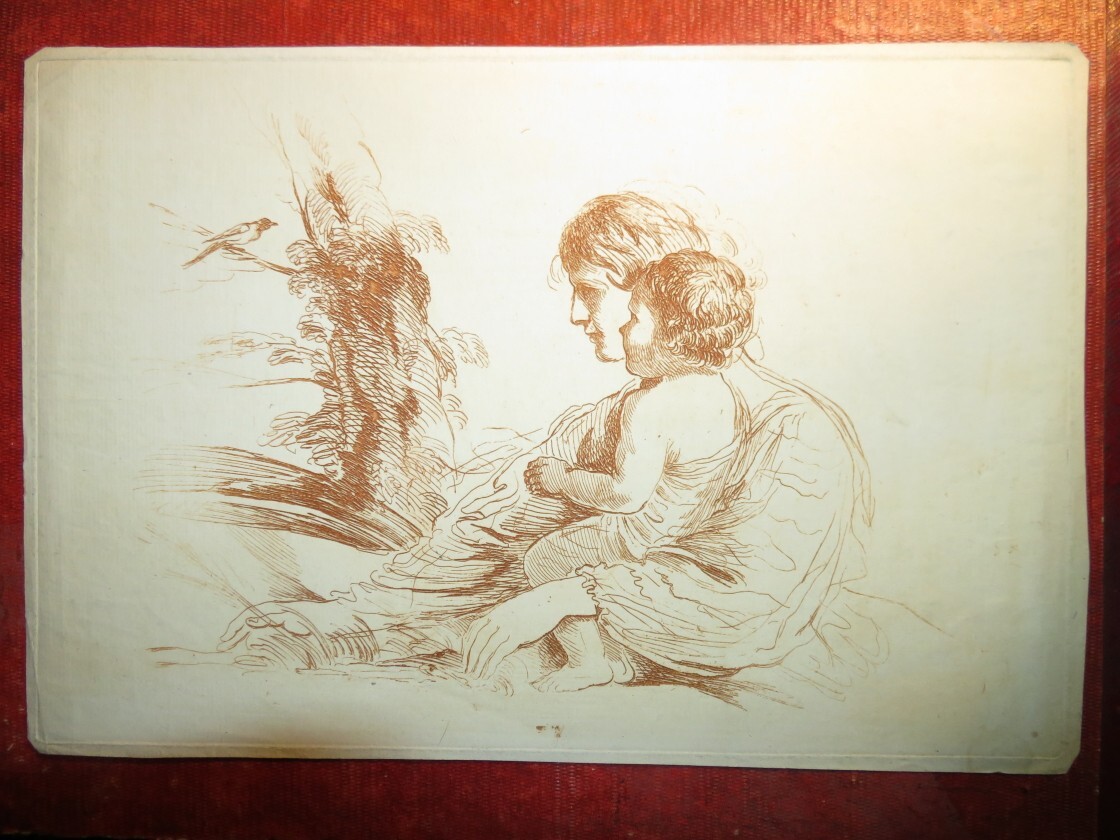 Arthur POND (1701-1758) GRAVURE XVIII SANGUINE FEMME ENFANT OISEAU ...