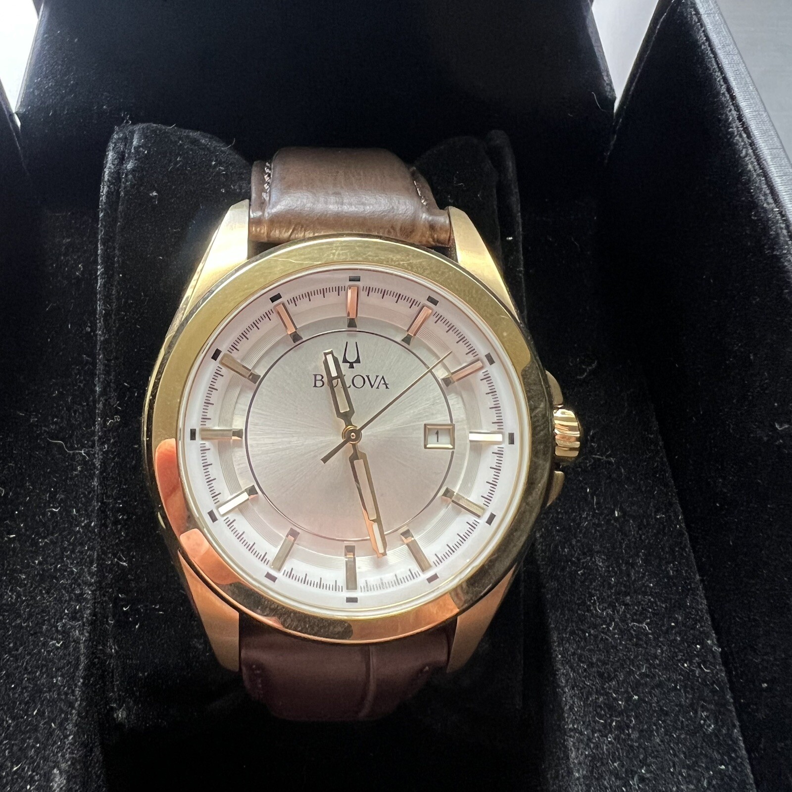 Bulova Men's White Dial Gold Case Brown Leather Band 97B185 New in Box ...