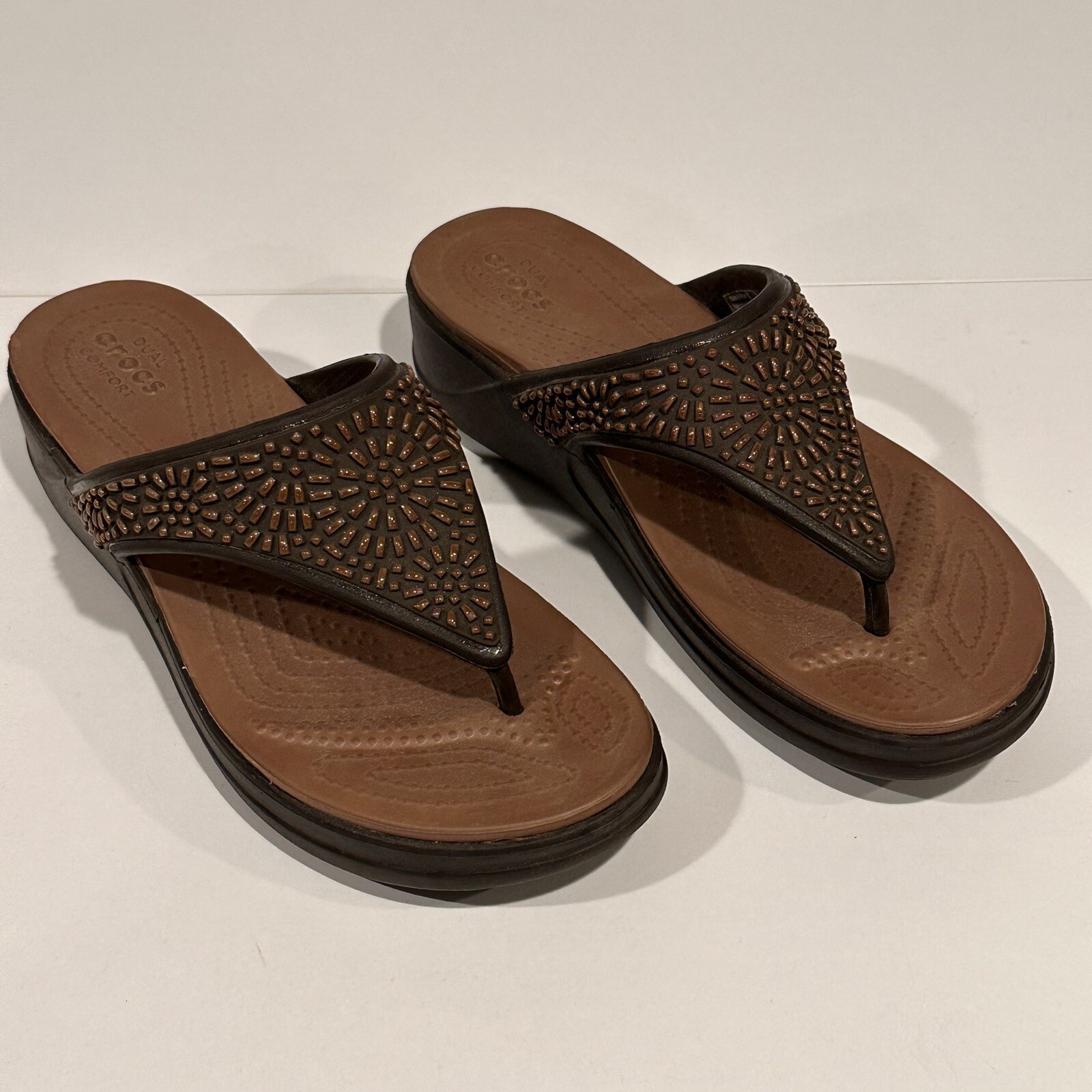 Crocs Diamante Two Tone Brown Wedge Flip Flop Sandals, Great Condition ...