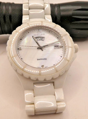 Oniss Paris Sapphire White Crystal Porcelain Watch Embedded Day & Date ...
