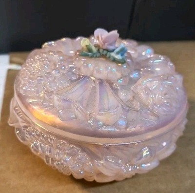 Fenton Art Glass Powder Jar/Trinket Box~Pink Rose-Flowers~Opalescent ...