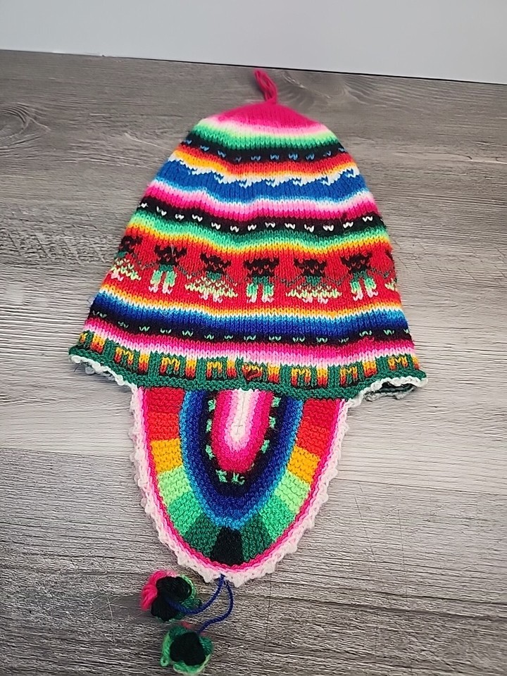 Vintage Peruvian Chullo Alpaca Beanie Toque Youth Pink Ear Flap Light ...