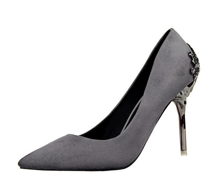 Women Black Metal Carving Heels Pumps Pointed Toe Stilettos Bridal ...