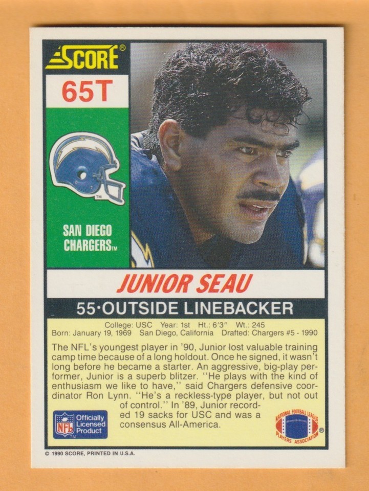 Junior Seau San Diego Chargers 1990 Score Supplemental #65T HOF USC ...