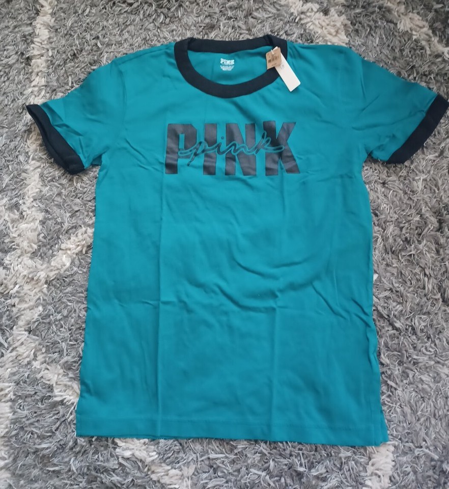 Vs PINK Campus Ringer Tee NEW Xsmall teal logo | eBay
