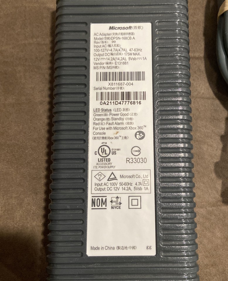 Official Microsoft Xbox 360 Fat Power Supply Cord Brick Adapter ...