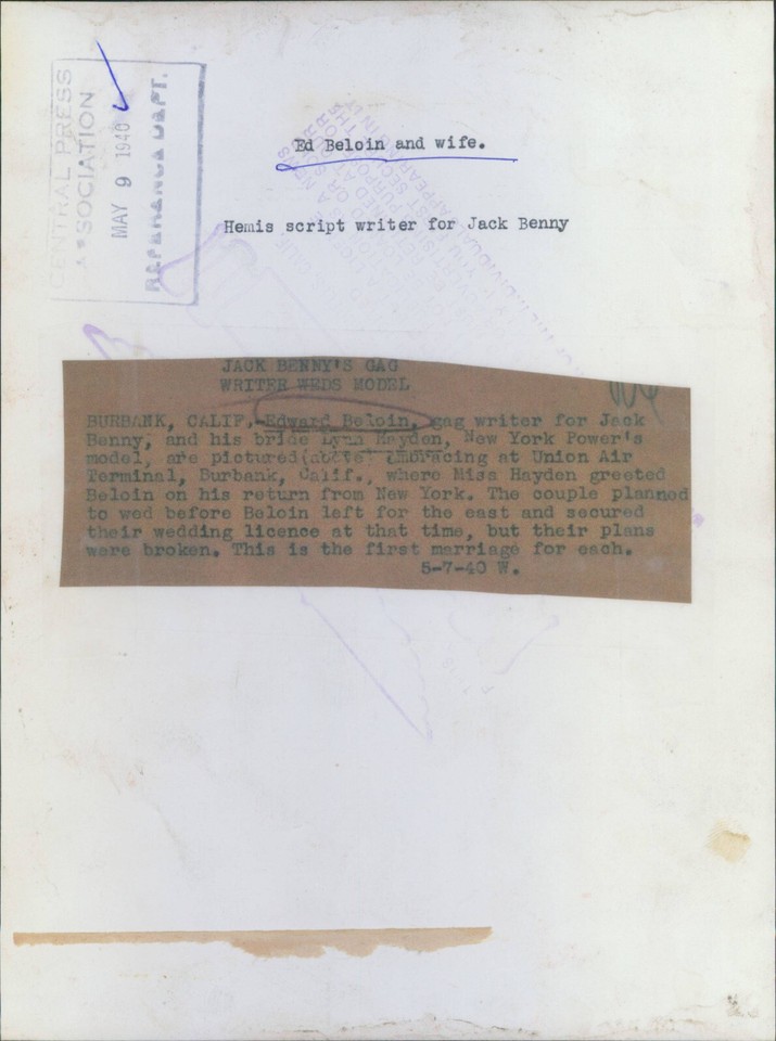 1940 Press Photo Jack Benny Gag Writer Edward Beloin and Wife Lynn ...