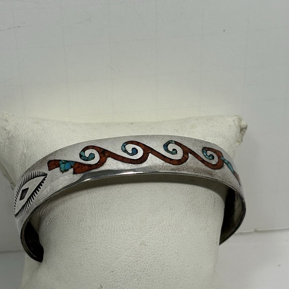 GIBSON GENE Navajo Sterling Silver Turquoise Coral Inlay Cuff Bracelet ...