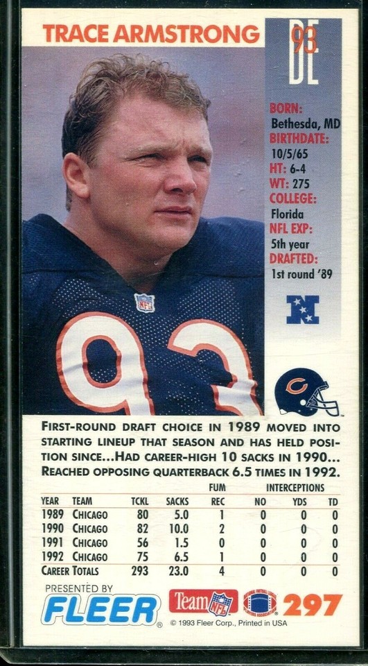 1993 Fleer Gameday Tall Boy Trace Armstrong #297 Chicago Bears | eBay