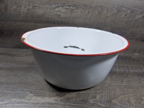 Enamel Tub Basin Vintage / Rustic Farmhouse Wash Bowl 14” White w/ Red ...