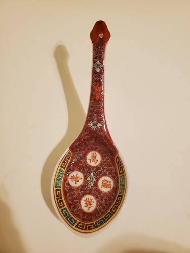 Chinese Longevity Rice Ladle Spoon Hand Painted Famille Rose Red Rare ...
