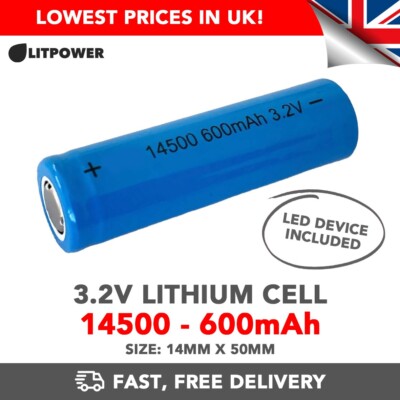 3.2V 14500 Lithium Cell Battery 600mAh Rechargeable (+ LED Device) | eBay