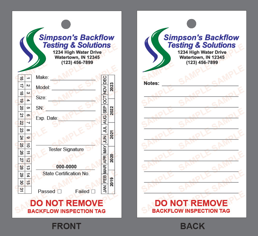 Backflow Inspection Tags - Custom Print - Waterproof - UV Resistant ...