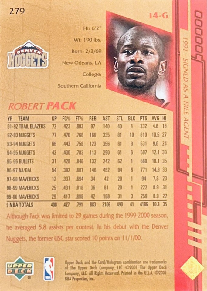 Brand New: Vintage 2001 UPPER DECK Robert Pack Denver Nuggets Trading ...