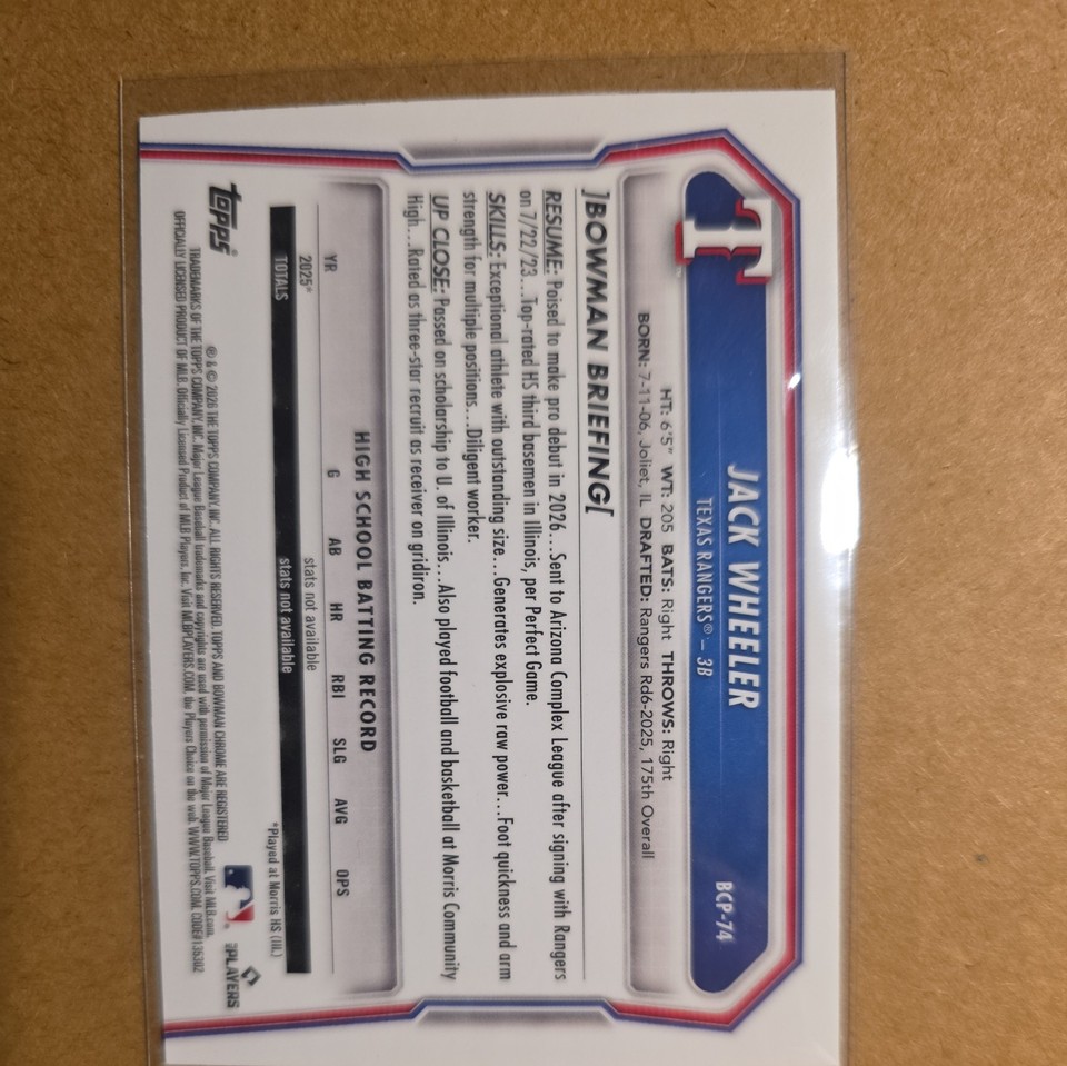 2026 Bowman Chrome 1st Bowman JACK WHEELER #BCP-74 TEXAS RANGERS ⚾️ | eBay