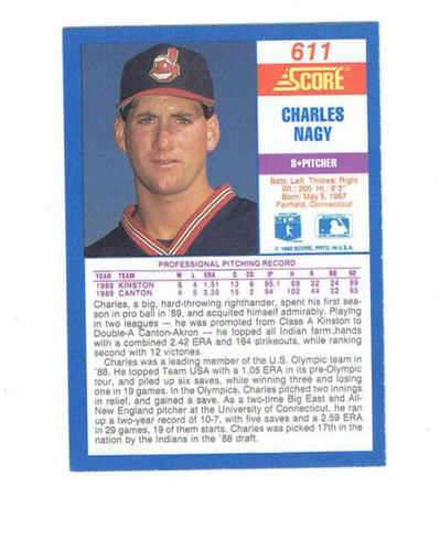 Charles Nagy Cleavland #8 Pitcher #611 Score 1990 Rookie Baseball Card ...