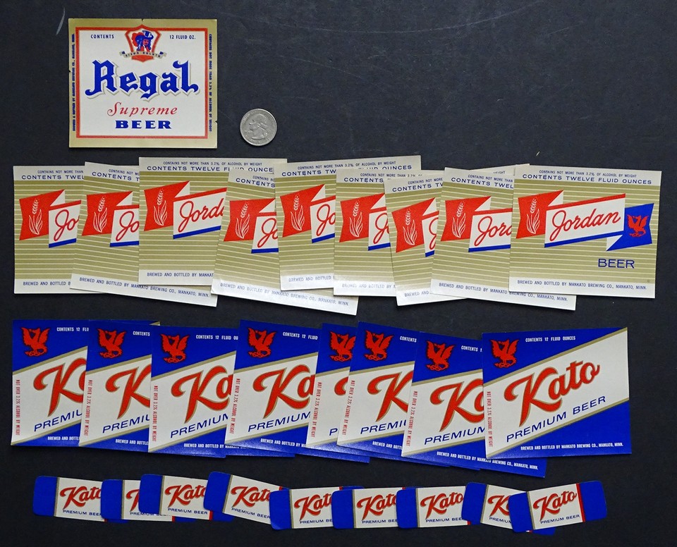 Lot 1950's Vintage KATO Regal JORDAN BEER BOTTLE Paper Label / MANKATO ...