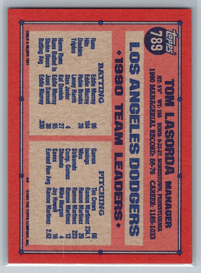 Tom Lasorda 1991 Topps Manager BASEBALL #789 Los Angeles Dodgers HOF | eBay