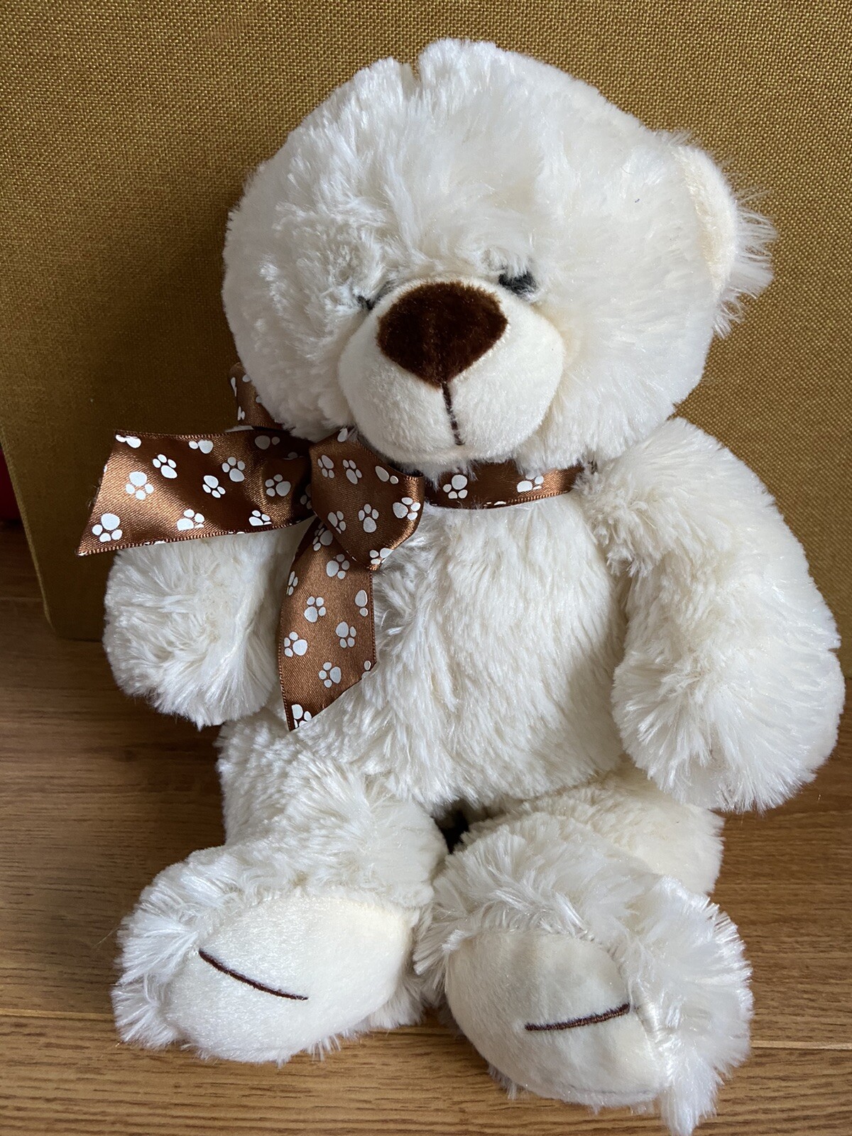 MOTHERCARE TEDDY BEAR SOFT TOY WEARING BROWN PAWS RIBBON LIGHT CREAM ...