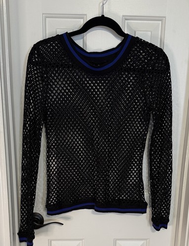 Unisex Slim Black Mesh Long Sleeves Top With Blue Cuffs And Hem Size ...