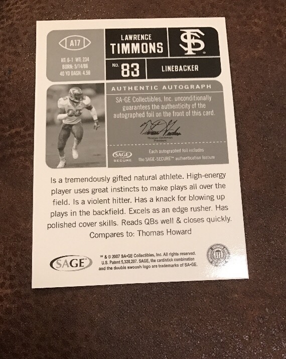 LAWRENCE TIMMONS 2007 SAGE HIT ROOKIE RC AUTOGRAPH AUTO STEELERS | eBay