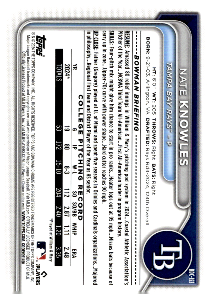 2024 Bowman Draft Sapphire Edition #BDC-153 Nate Knowles Rays | eBay
