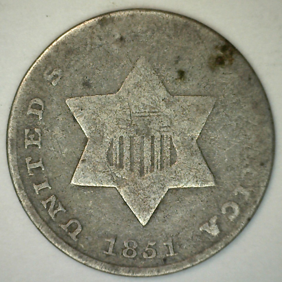 1851 Three Cent Silver US Type Coin 3c Circulated Philadelphia Mint 3 ...