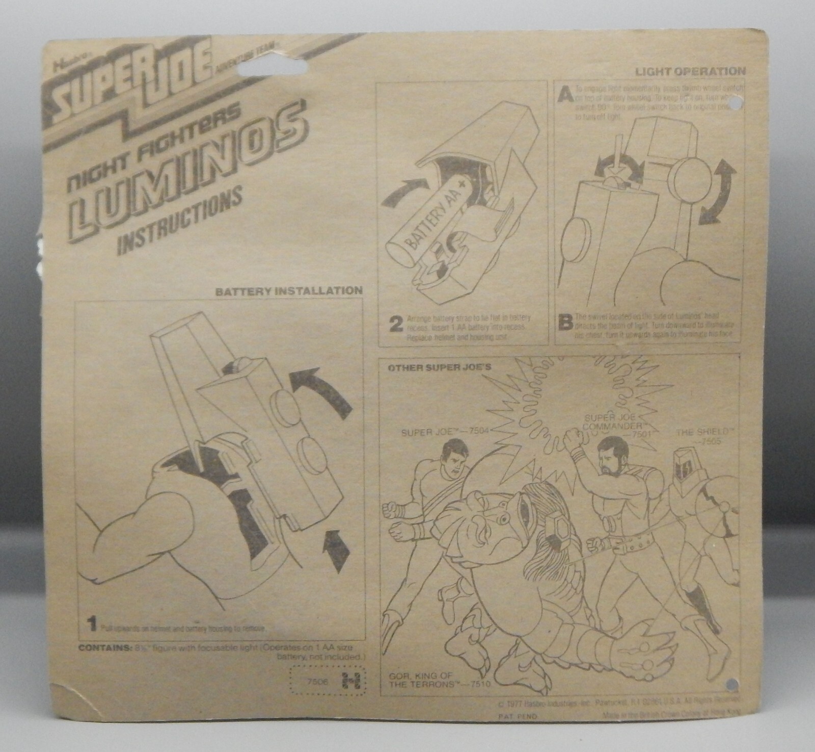 1977 vintage Hasbro GI JOE Super Joe LUMINOS action figure w/ BACKING ...