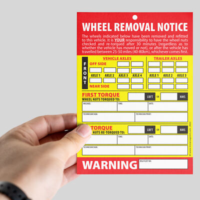 WHEEL CHANGE NOTICE TAG CARD RE-TORQUE WARNING (50 CARDS) - WITH BANDS ...