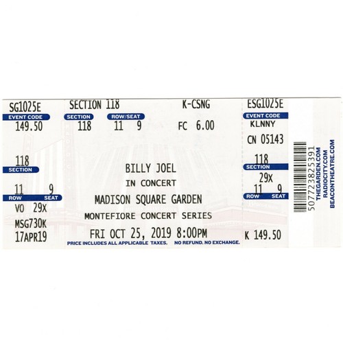 BILLY JOEL Full Concert Ticket Stub NEW YORK 10/25/19 MADISON SQUARE ...
