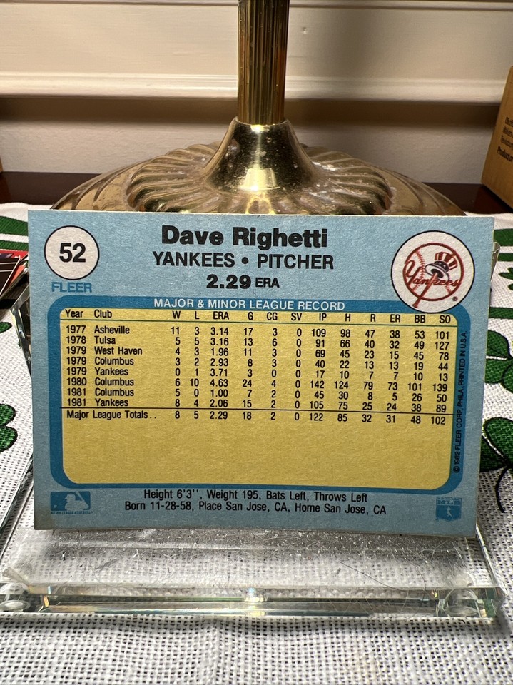 Dave Righetti 1982 Fleer #52 ROOKIE RC New York Yankees | eBay