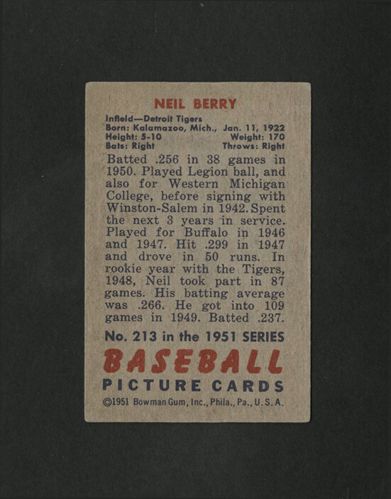 1951 BOWMAN BASEBALL CARD #213 NEIL BERRY AUTOGRAPHED SIGNED DETROIT ...
