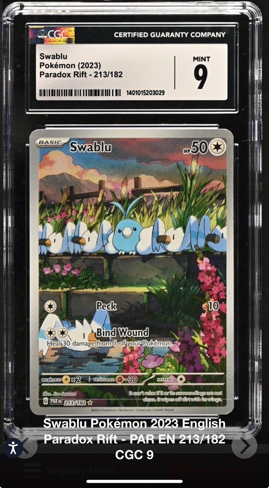 CGC 9 Swablu # 213/182 Full Art Illustration Rare Paradox Rift Pokemon ...