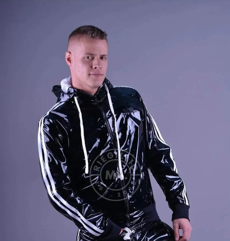MR. RIEGILLIO PVC Tracksuit Jacket hoodies Glossy Shiny Black & White ...