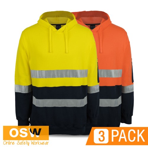 3 x Hi Vis 100% Cotton Tape Hoop Reflective Pullover Work Tradie Hoody ...