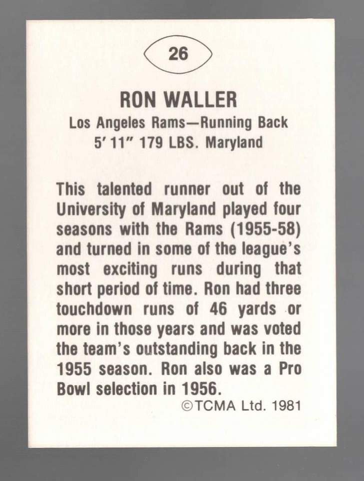 1981 TCMA Greats Ron Waller Los Angeles Rams #26 Near Mint or Better | eBay