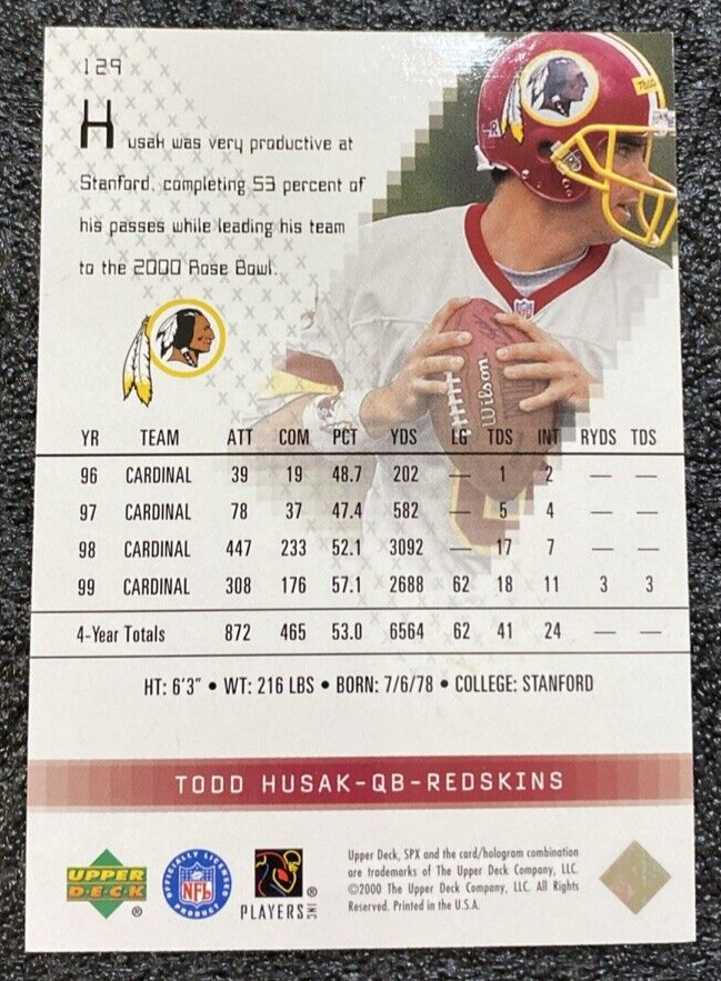 2000 Upper Deck SPx Spectrum Todd Husak Rookie RC 5/25 SSP Redskins ...