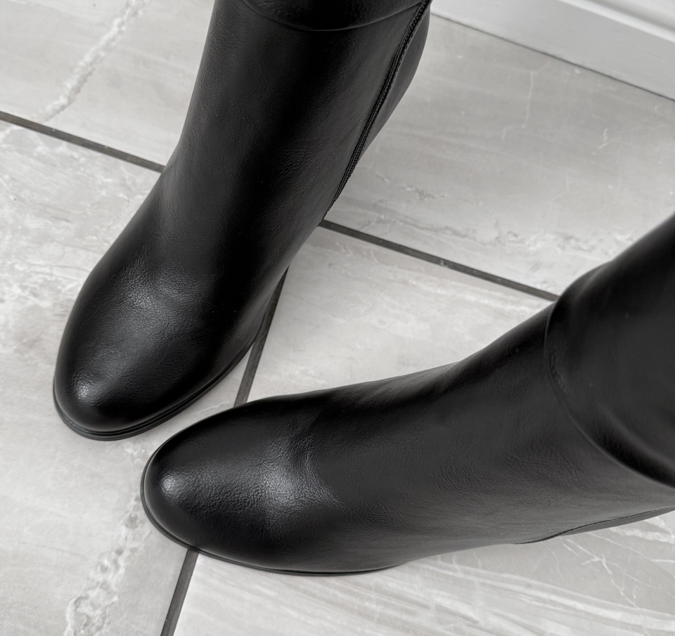 Ladies Black Faux Leather Knee High Boots Block Heel Stylish Long Shoes ...