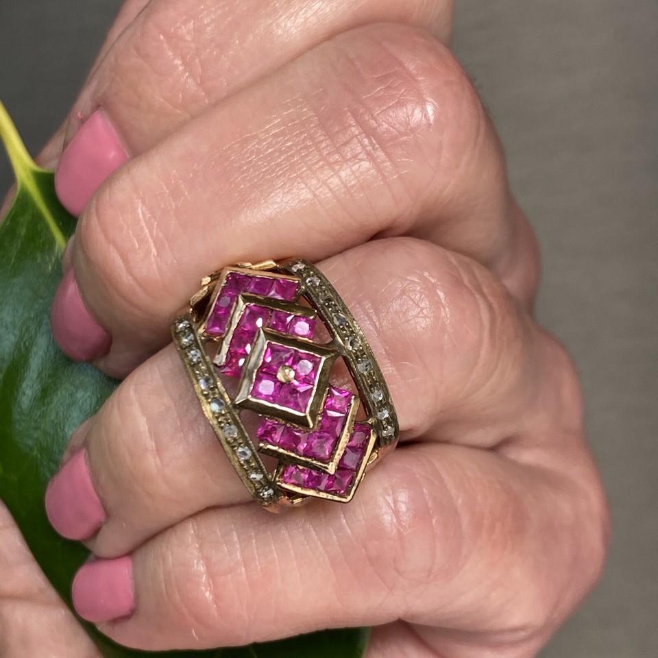 Vintage Ruby Diamond Band Ring Estate Fine Jewelry Pre-Owned Chevron X ...
