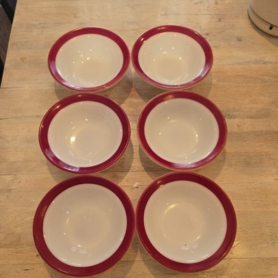 6-VINTAGE PYREX RED/MAROON BAND Berry TRIM- chili or cereal BOWLS | eBay