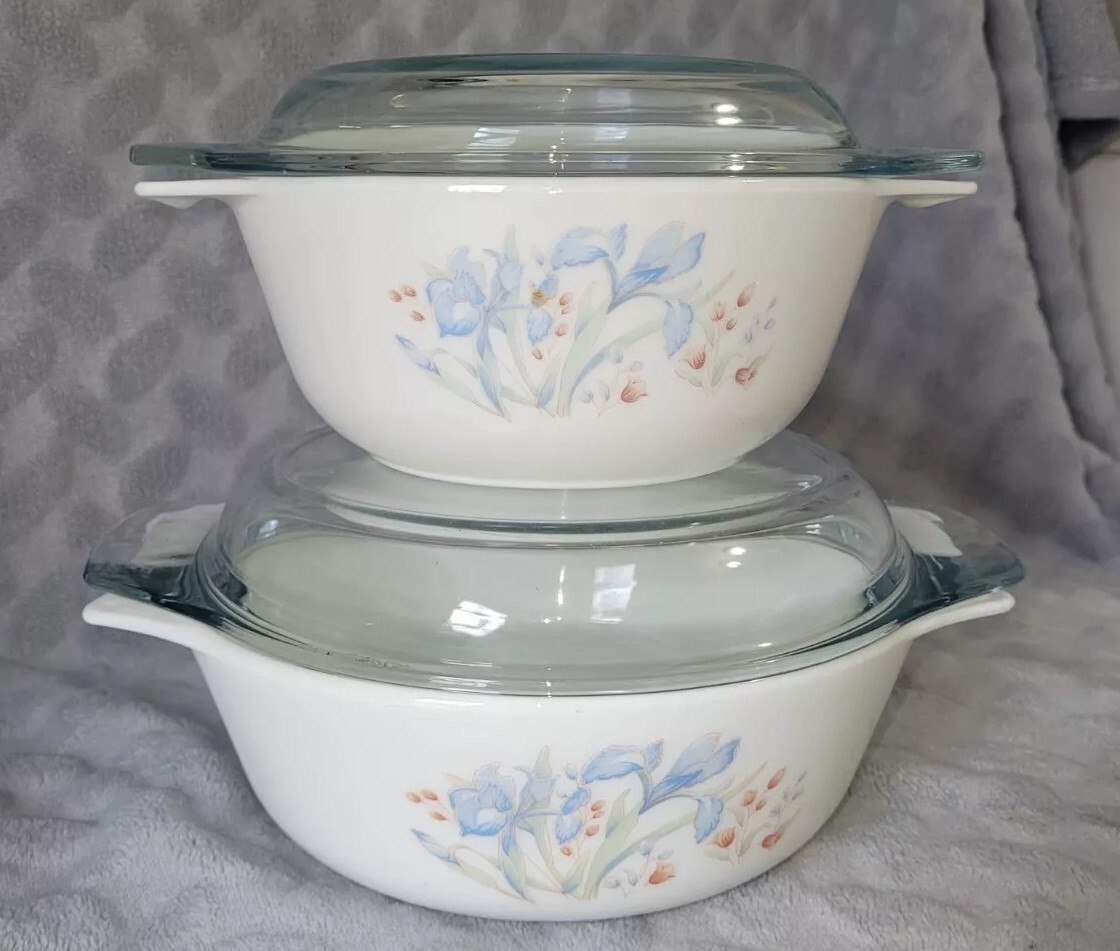 Pyrex England Blue Iris Set Of 2 Dishes With Lids | eBay