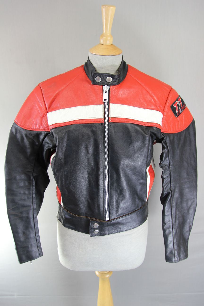 VINTAGE 1970's BLACK, RED & WHITE TT LEATHERS BRITISH MADE BIKER JACKET ...