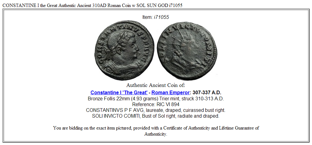 CONSTANTINE I the Great Authentic Ancient 310AD Roman Coin w SOL SUN ...