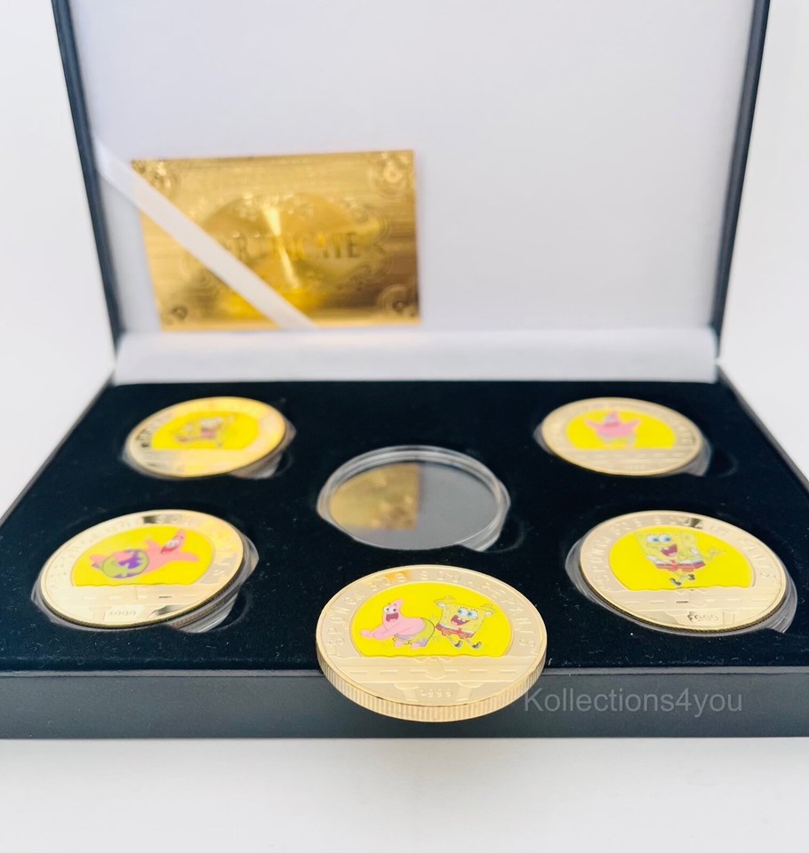 5 GOLD PLATED SPONGEBOB SQUARE PANTS & PATRICK COINS WITH BOX | eBay